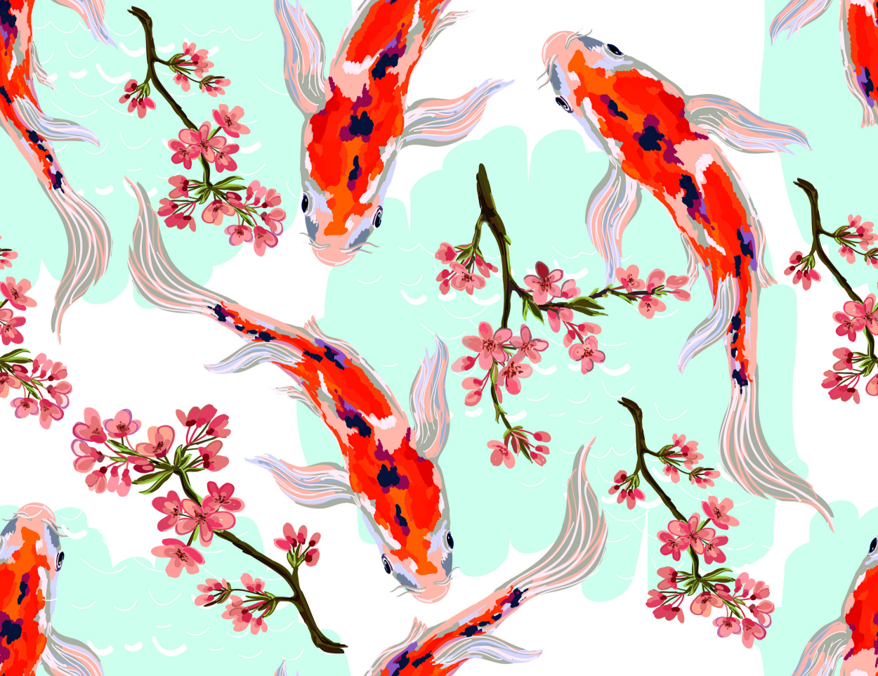 ToF Fotobehang vis getekende vissen met bloemen rood | ToF behang aan ...